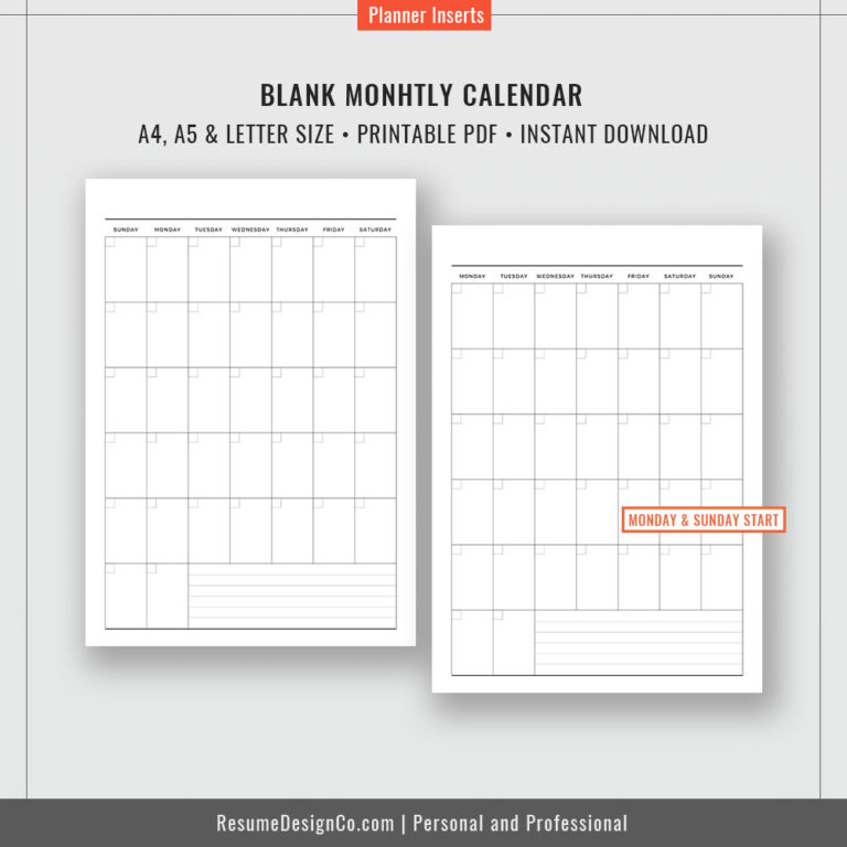 Blank Monthly Calendar, Monthly Planner, A4, A5, Letter Size, Filofax ...