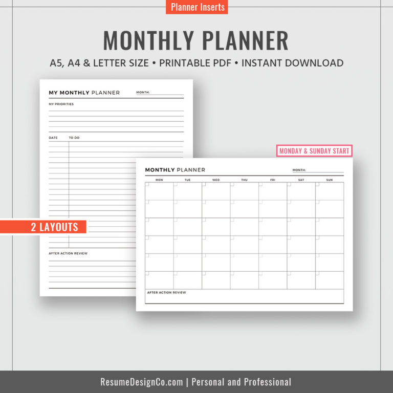 Monthly Planner, Monthly Calendar, A4, A5, Letter Size, Filofax A5 ...