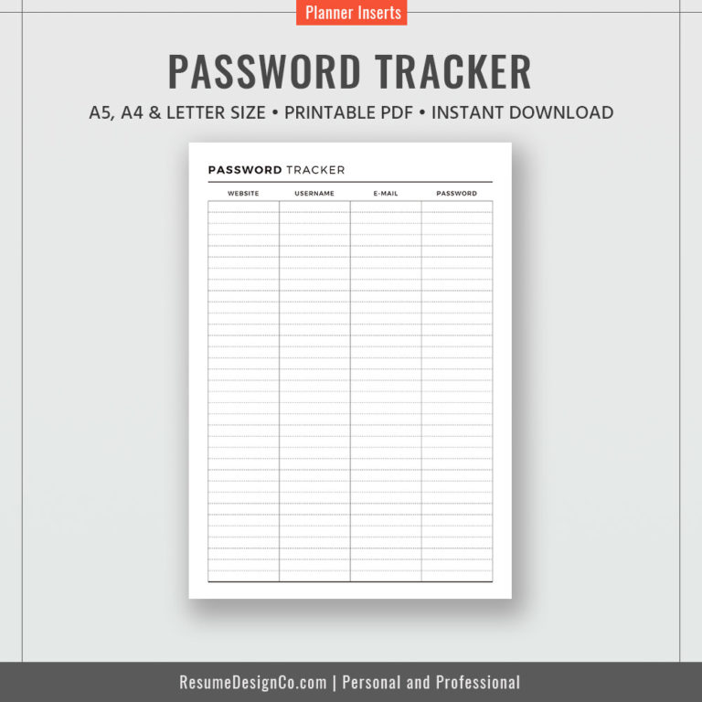 Password Tracker, Letter Size, A4, A5, Filofax A5, Planner Template ...
